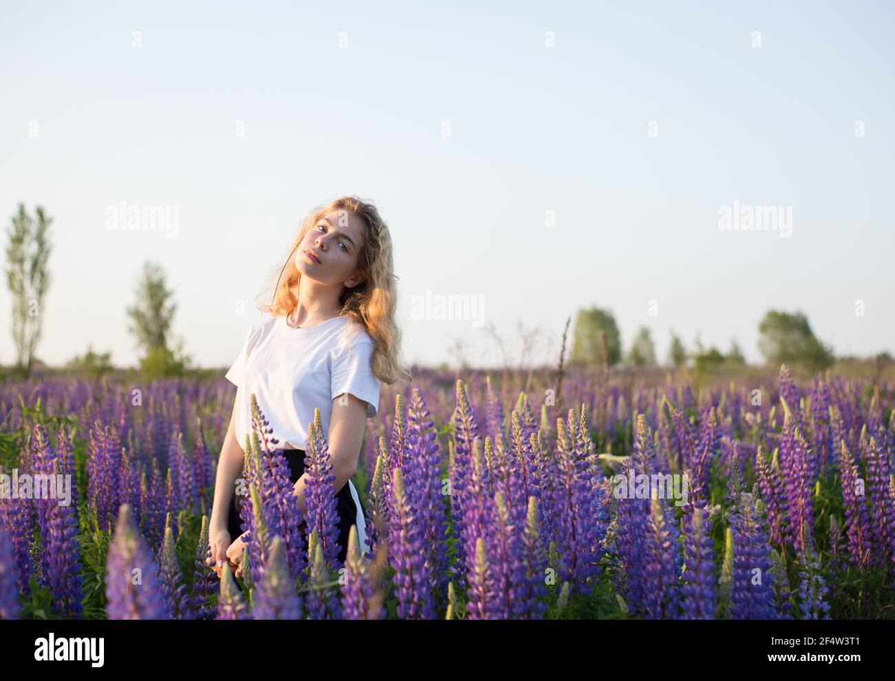 rest at nature . Beautiful sad teenager girl among purple wildflowers ...