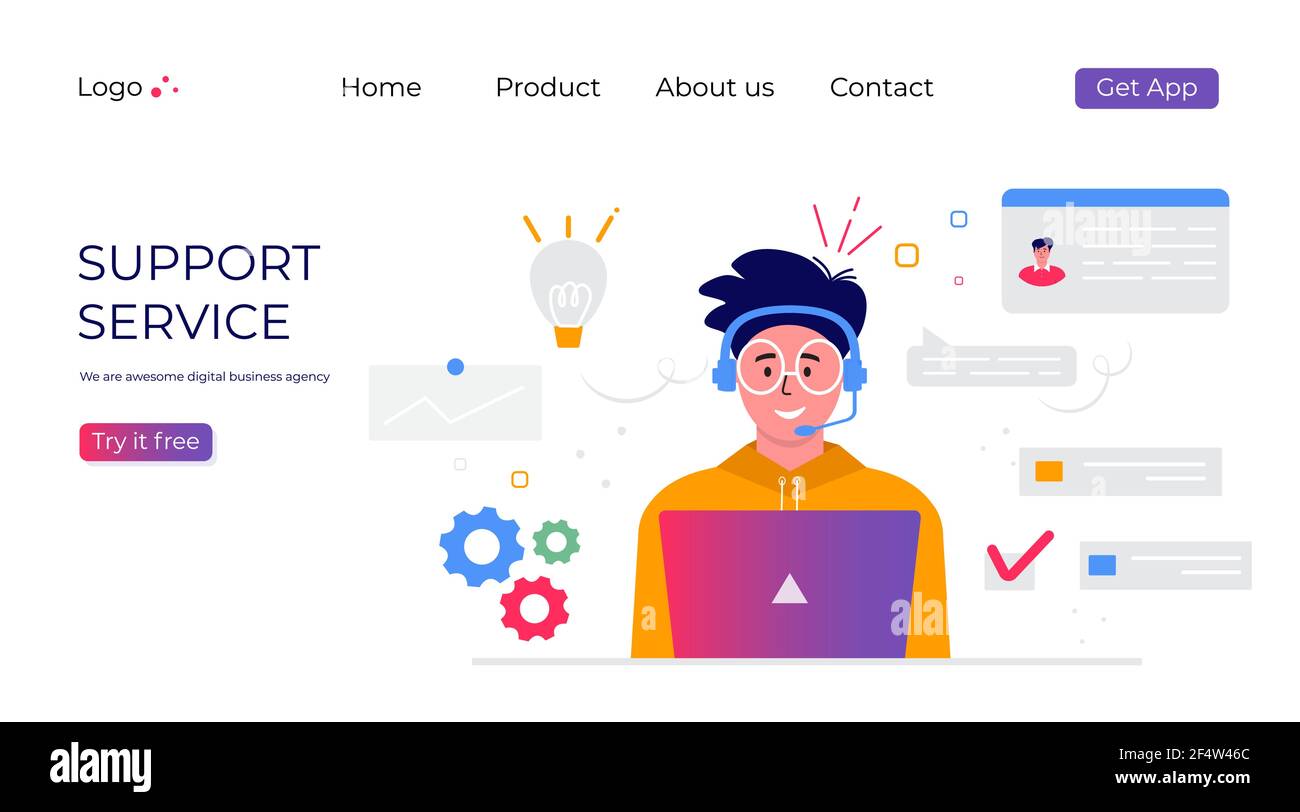 Customer support service landing page. Concept with man with headphones ...