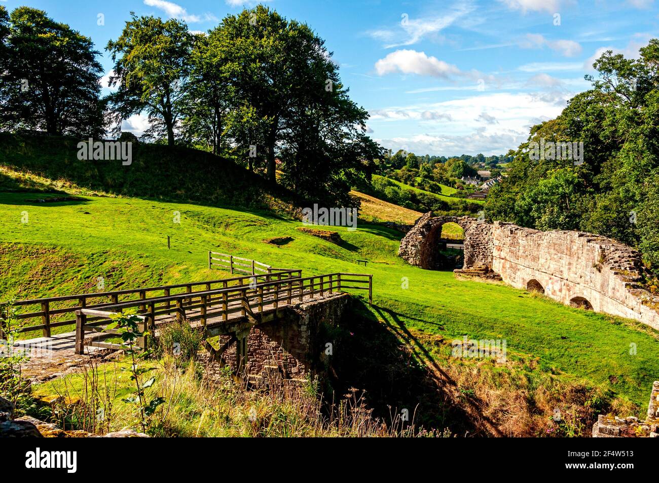 A picturesque view from the wooden moat bridge of Norham Castle across ...