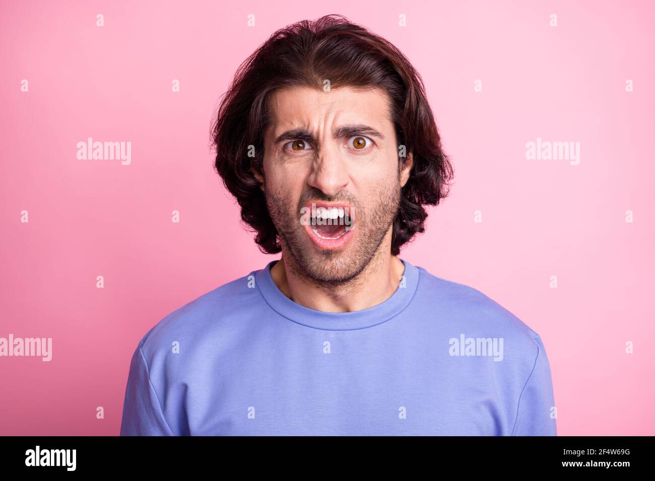 Photo of upset displease young brown haired man problem irritated ...