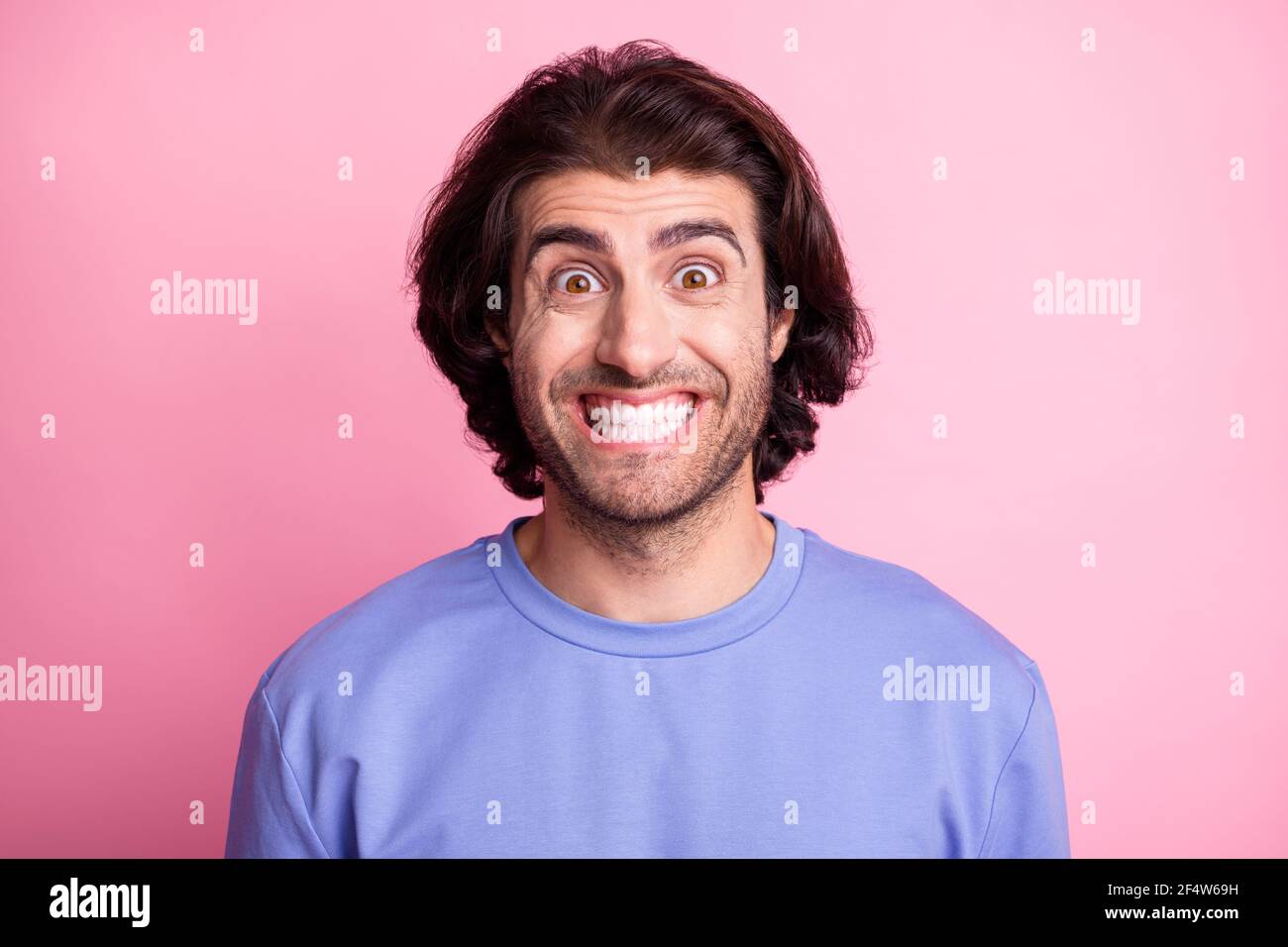 Photo of cheerful charming young man make beaming funky smile positive ...