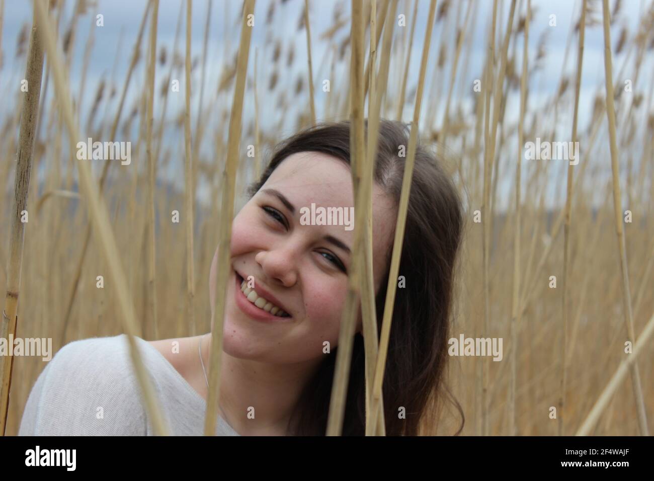 Portrait of a girl of European appearance in nature in a field against ...