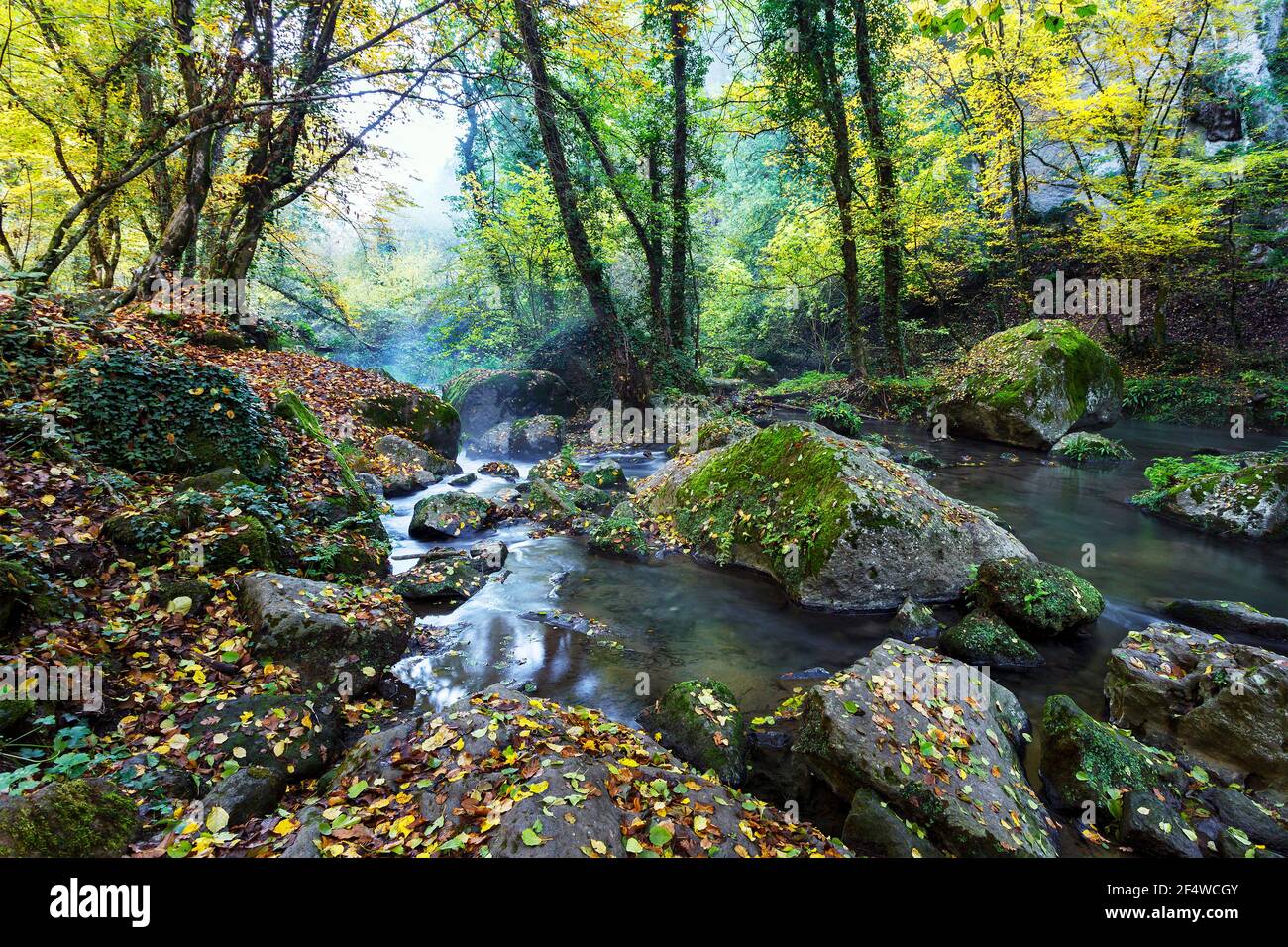 A scenic waterfall view of Monte Gelato in the autumn Stock Photo - Alamy