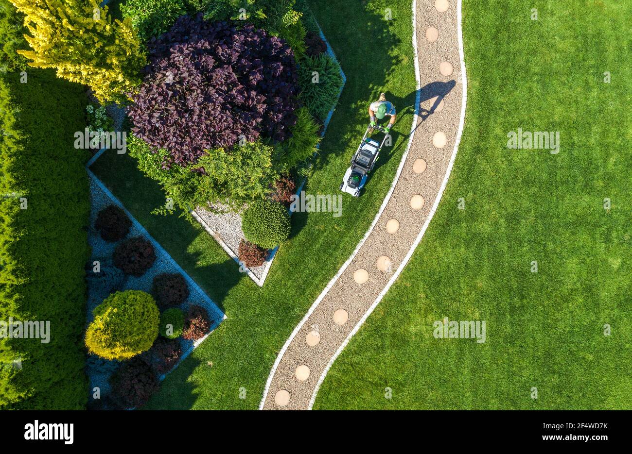 Large Beautiful Residential Backyard Garden Grass Mowing Aerial View ...