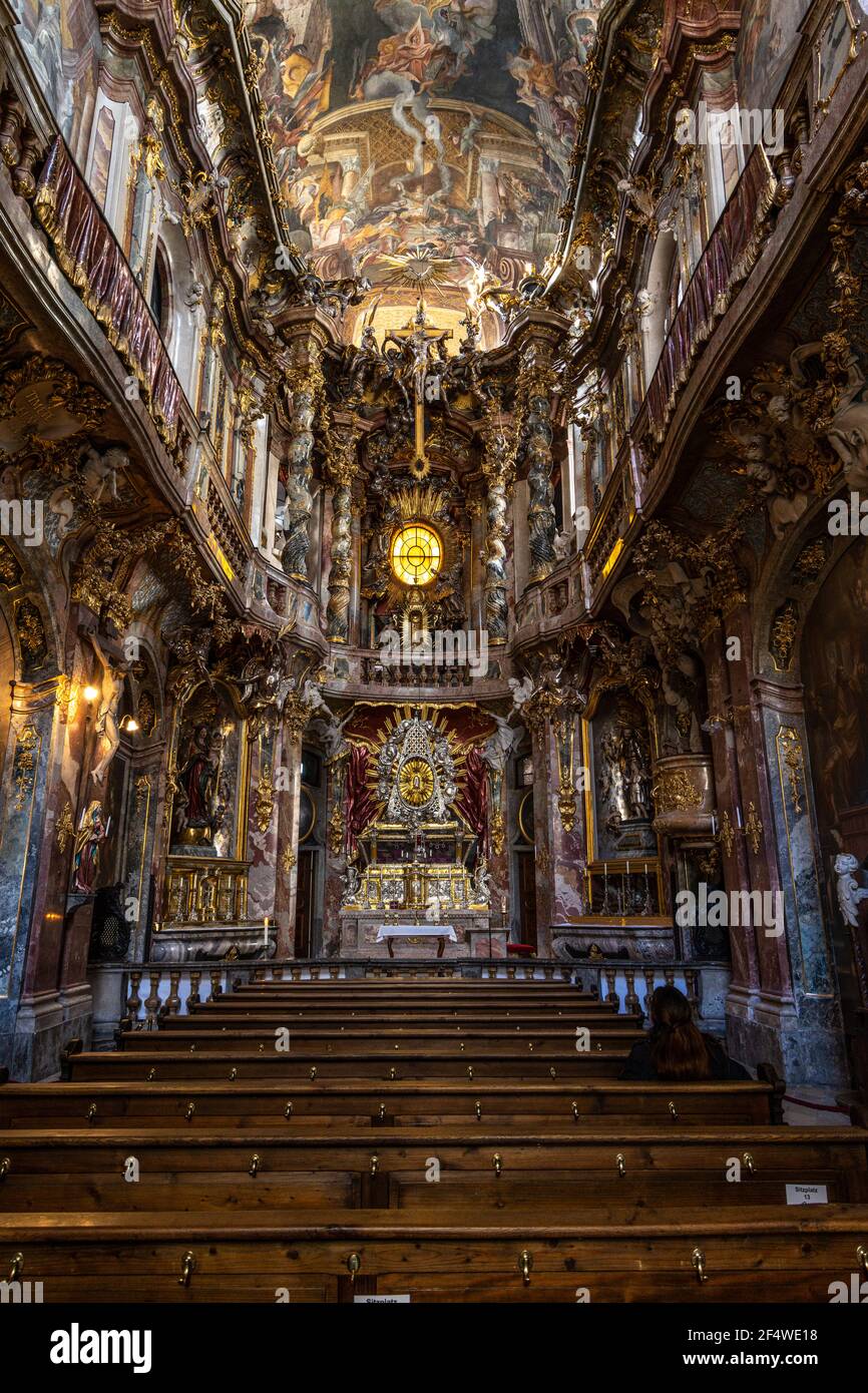 Interior of the baroque Asam Church, Asamkirche in Munich, Bavaria ...