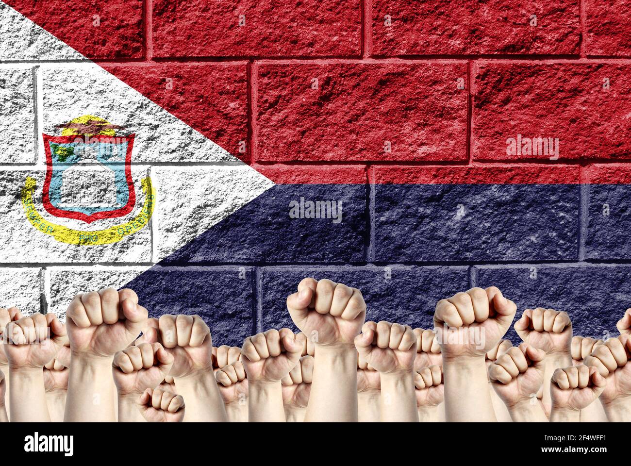 Raised fists against the background of the depicted flag of Saint ...