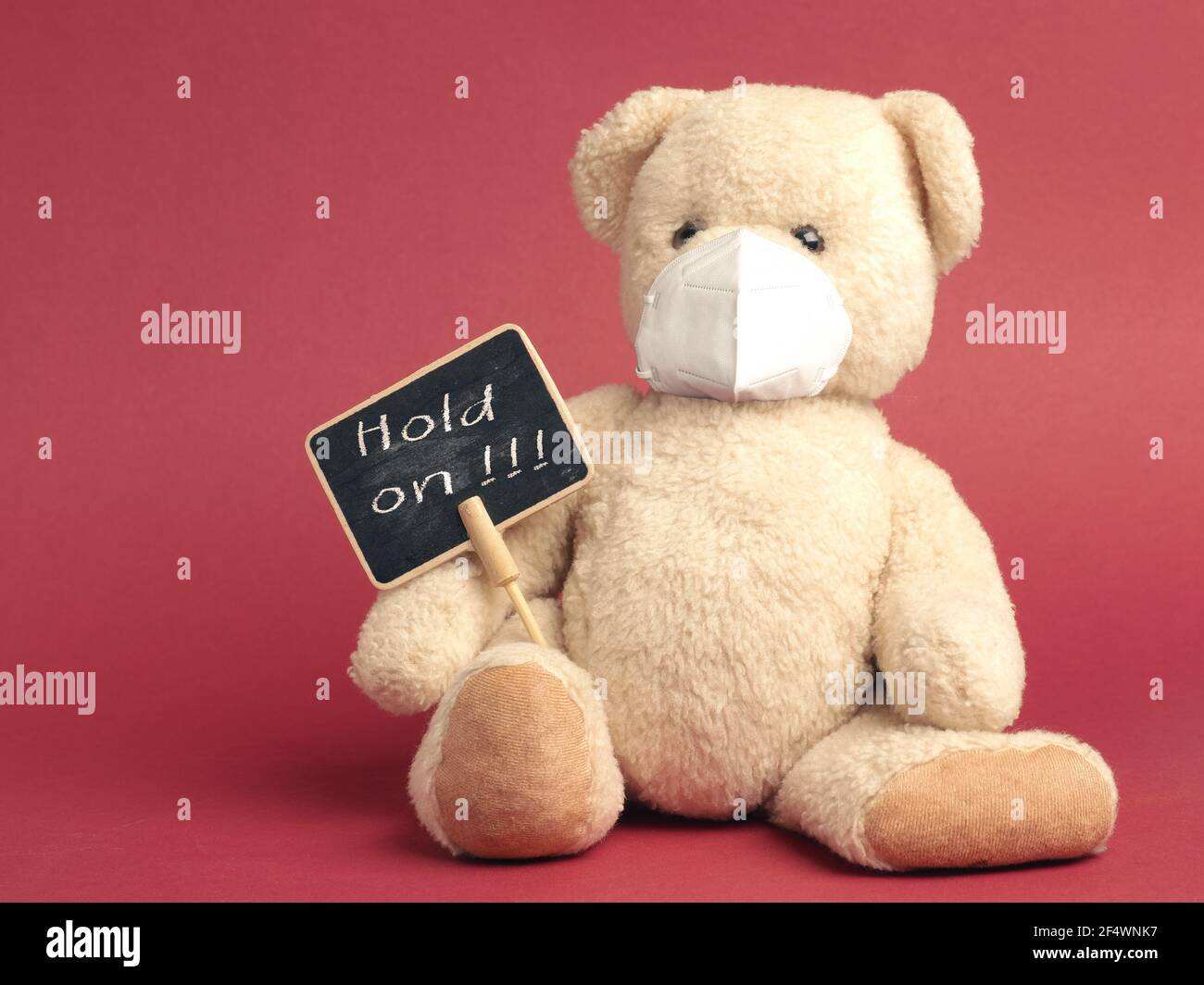 Teddy bear with protective mask holds sign with inscription "Hang on ...