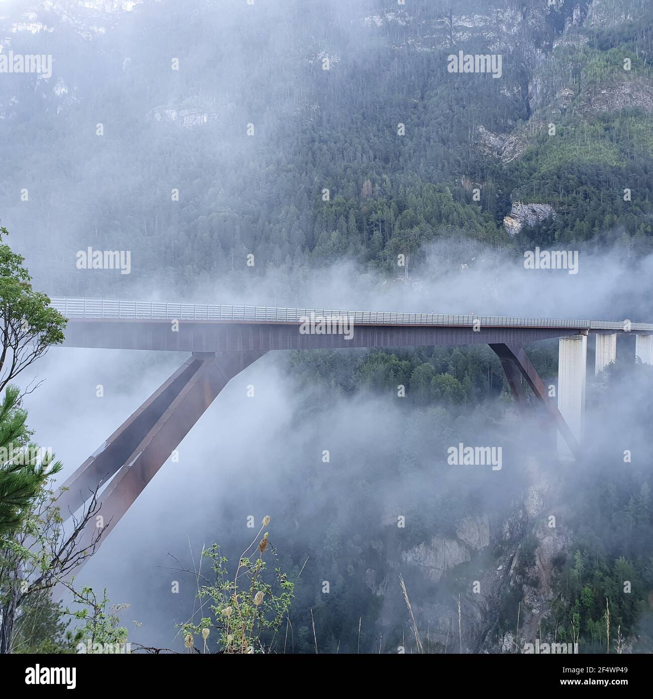 the Cadore bridge located in the Dolomites with the fog that clears as ...