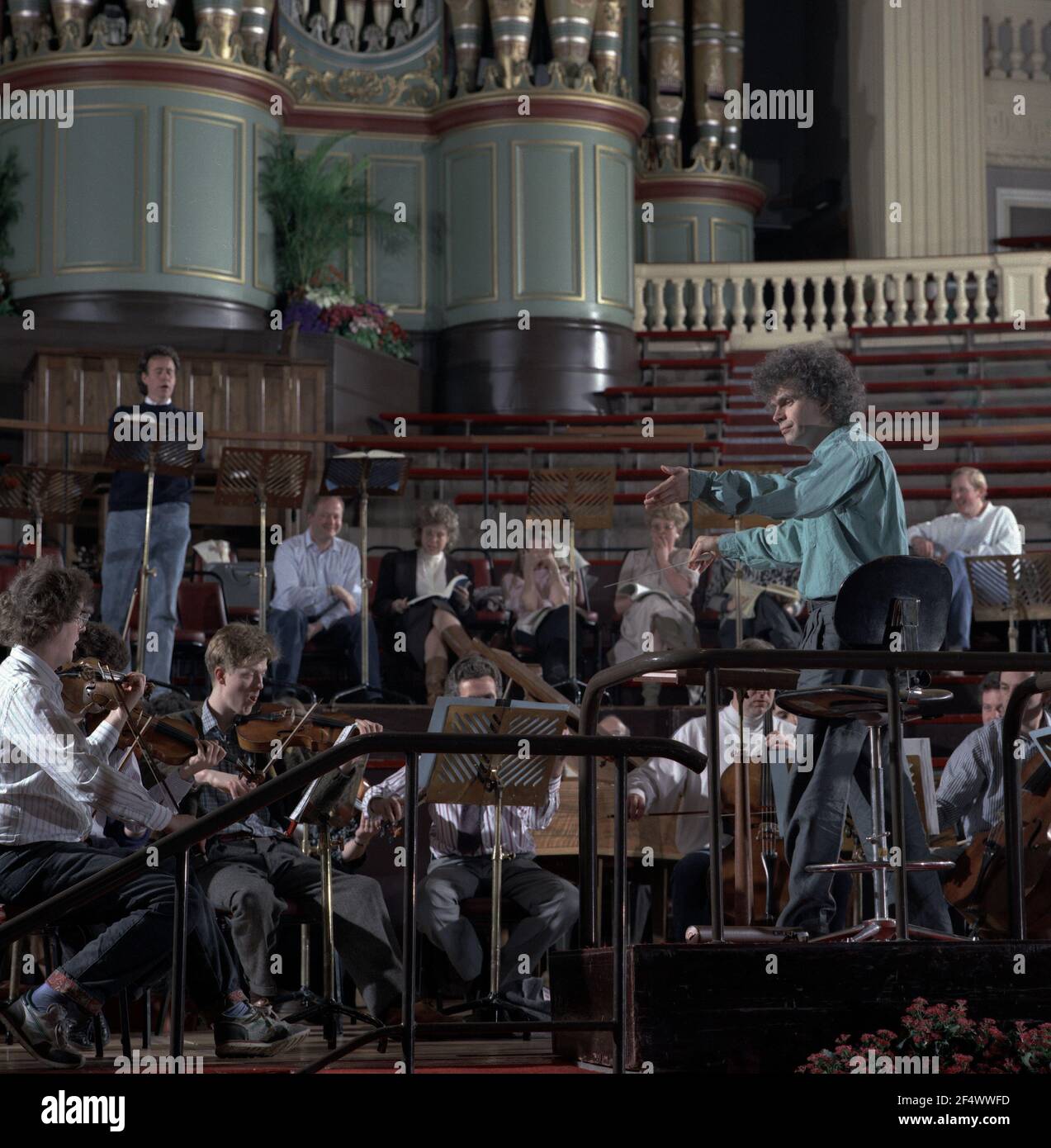 Sir Simon Rattle rehearsing the Birmingham Symphony Orchestra (CBSO) in ...