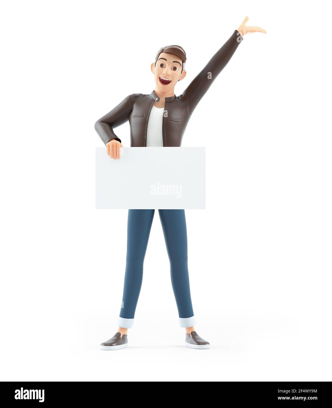 3d happy cartoon man holding placard, illustration isolated on white ...