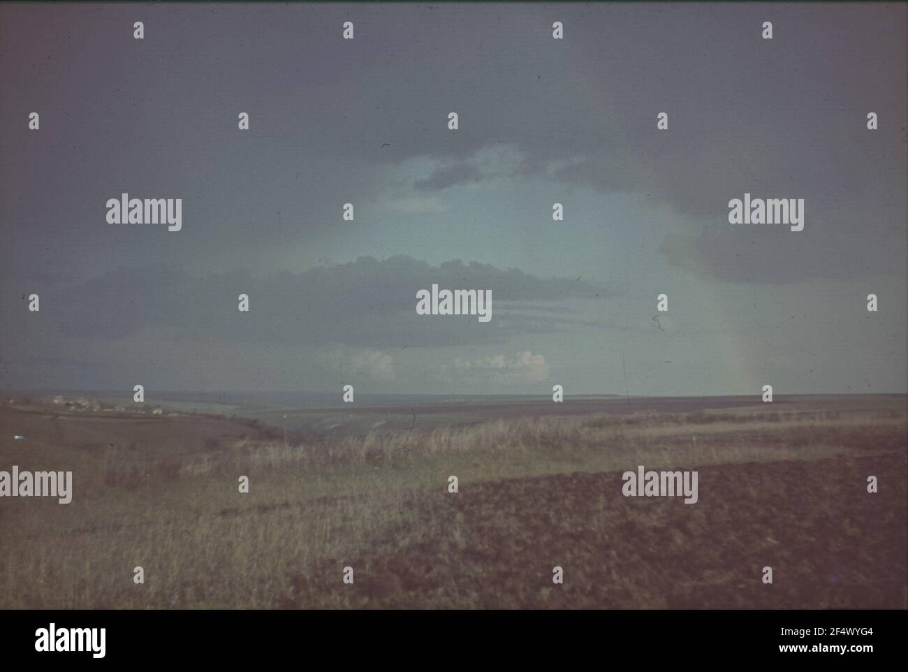 Second World War. Soviet Union. Battle breaks. Landscape with village ...