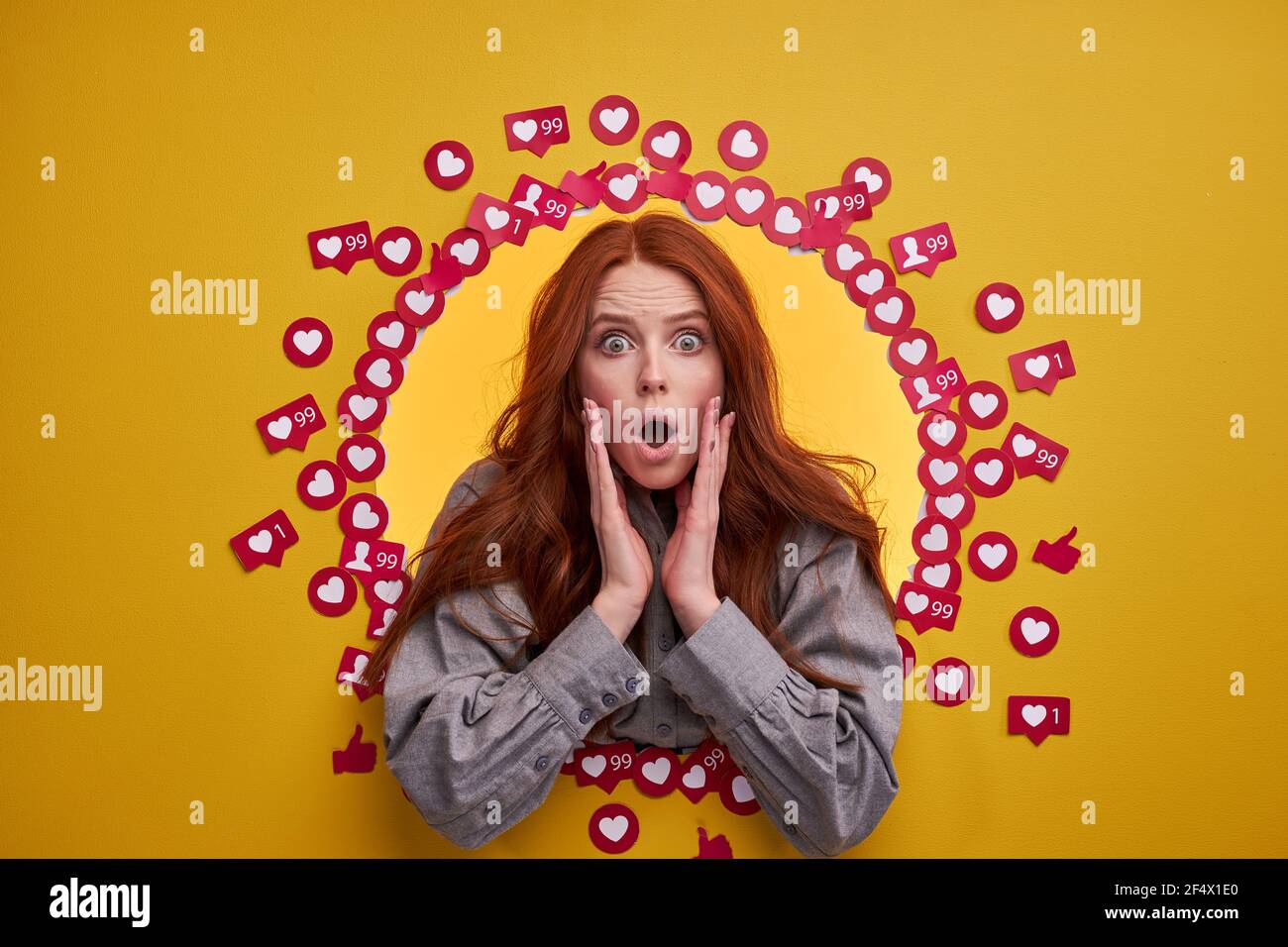 surprised female in shock by comment in blog or post, give emotional ...