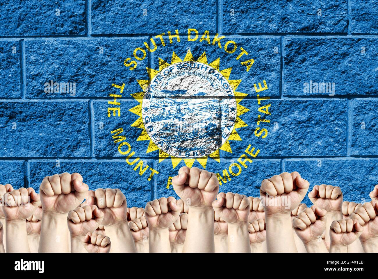 Raised fists against the background of the depicted flag State of South ...