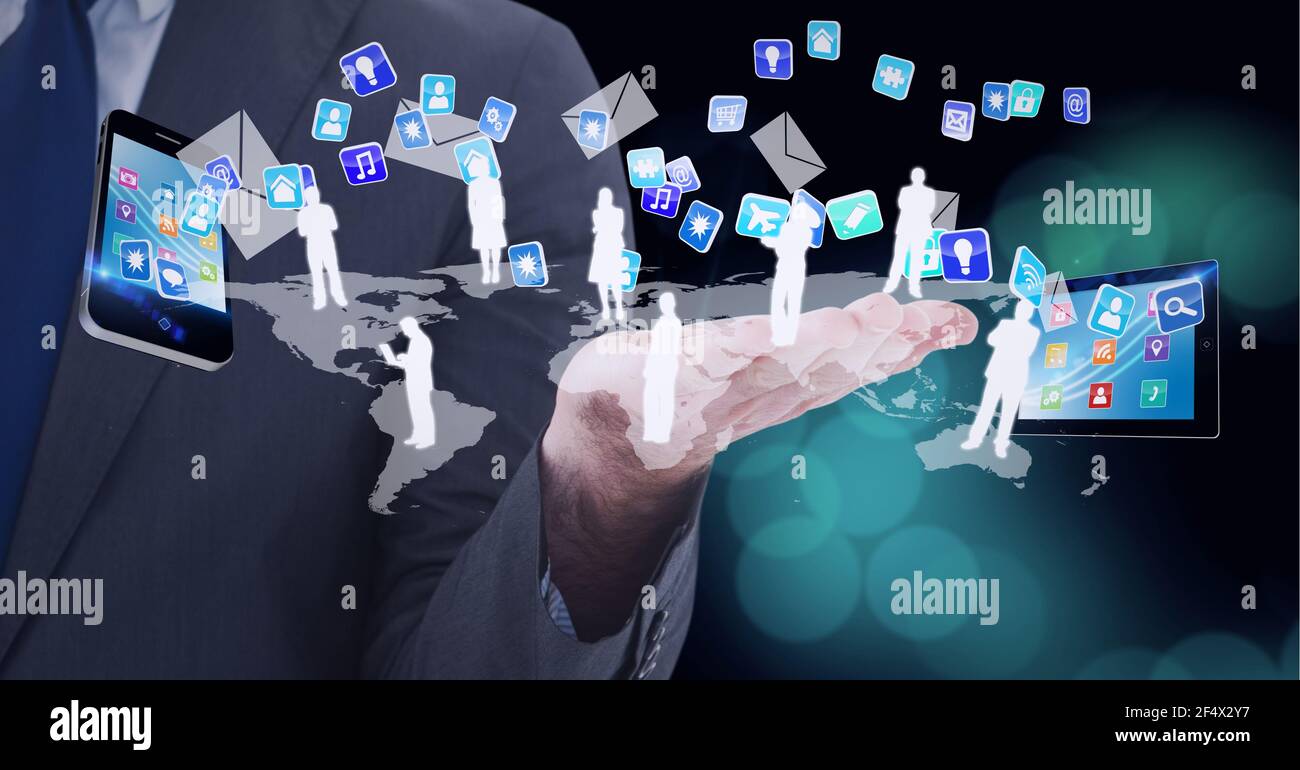 Composition of network of digital icons, world map and electronic ...