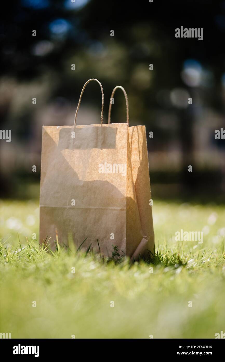 eco paper bag on grass outdoors Stock Photo - Alamy
