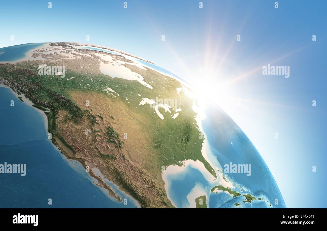 Sun shining over a high detailed view of Planet Earth, focused on North ...