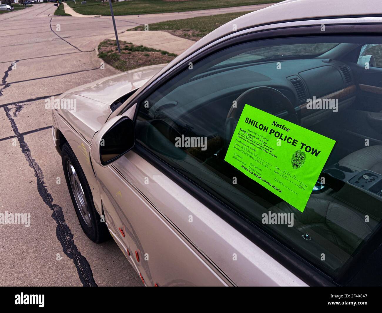 Shiloh, IL—March 23, 2021; fluorescent green eggshell sticker on car ...