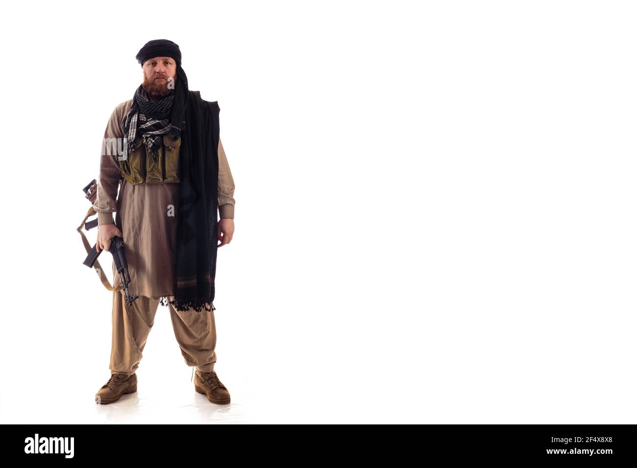 man in military outfit warrior Mujahedin in modern times on a white ...