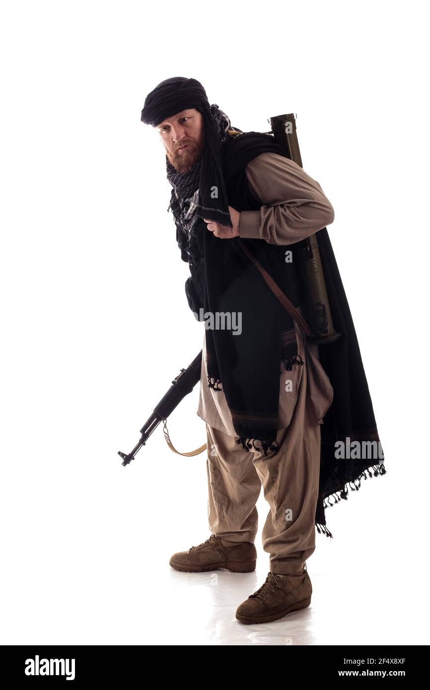 man in military outfit warrior Mujahedin in modern times on a white ...