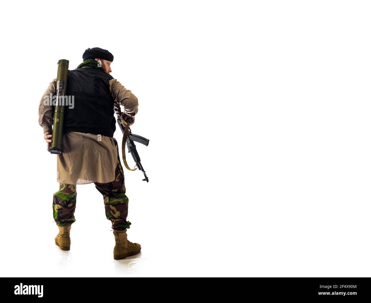 man in military outfit warrior Mujahedin in modern times on a white ...