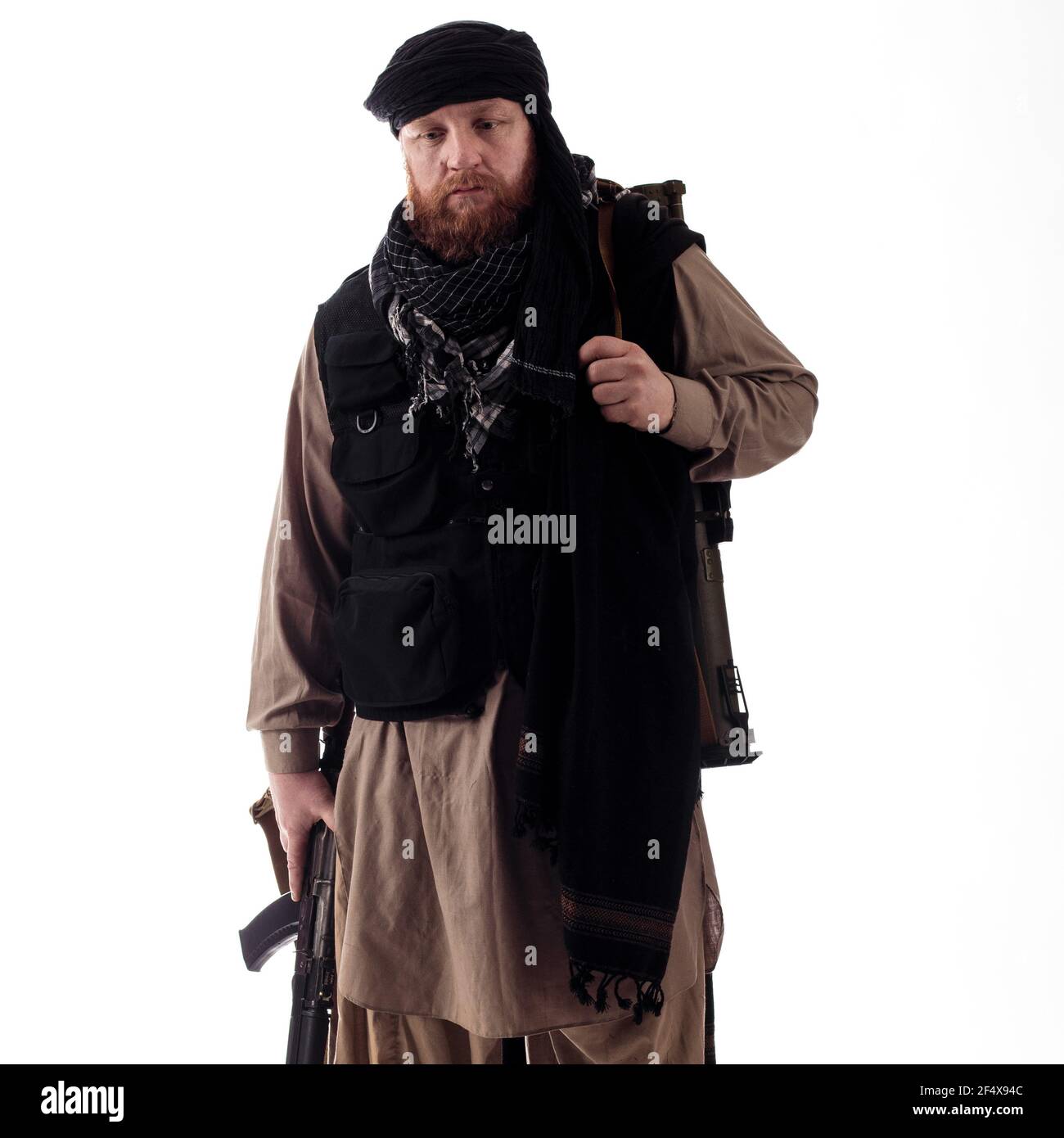 man in military outfit warrior Mujahedin in modern times on a white ...