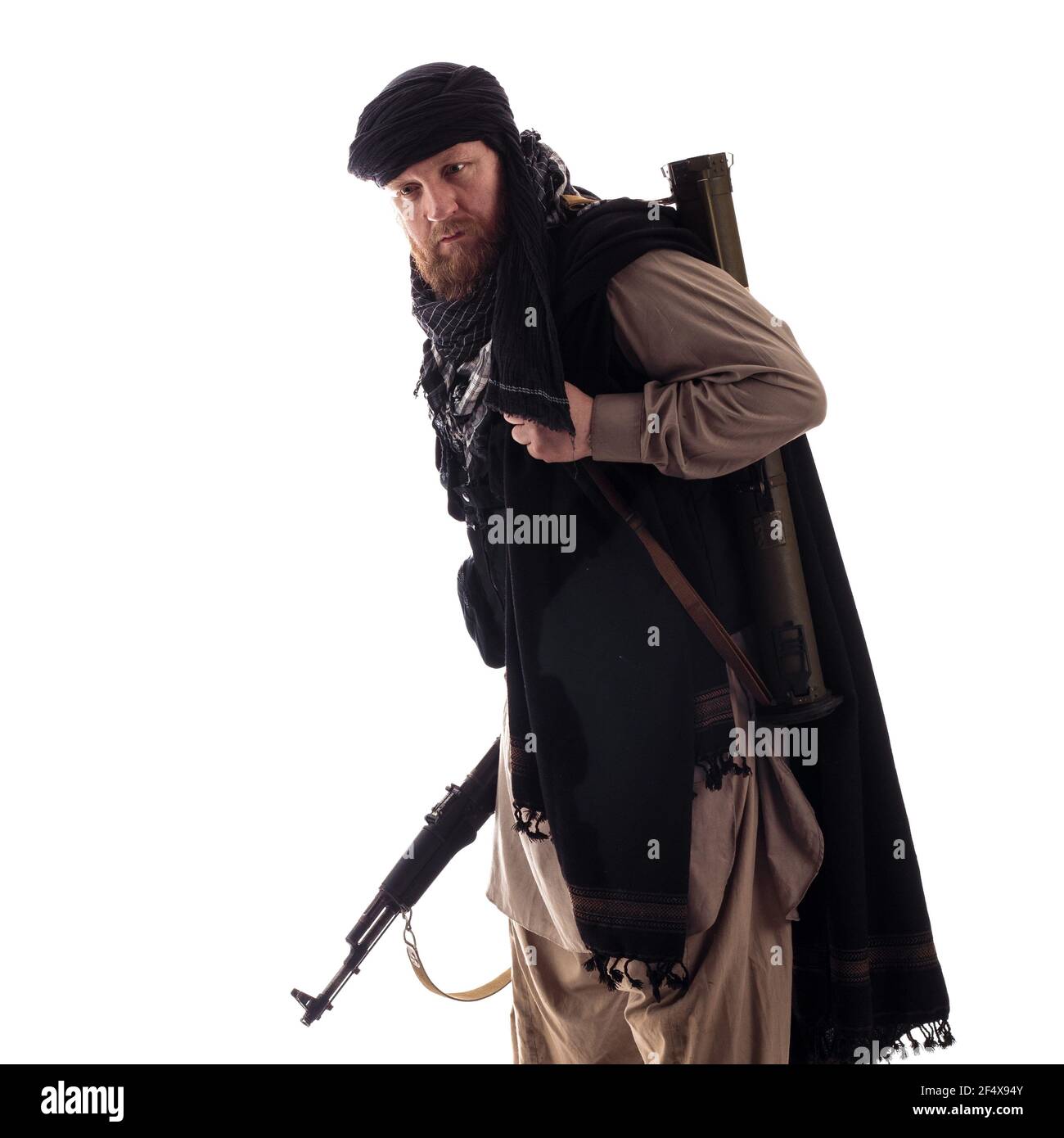 man in military outfit warrior Mujahedin in modern times on a white ...