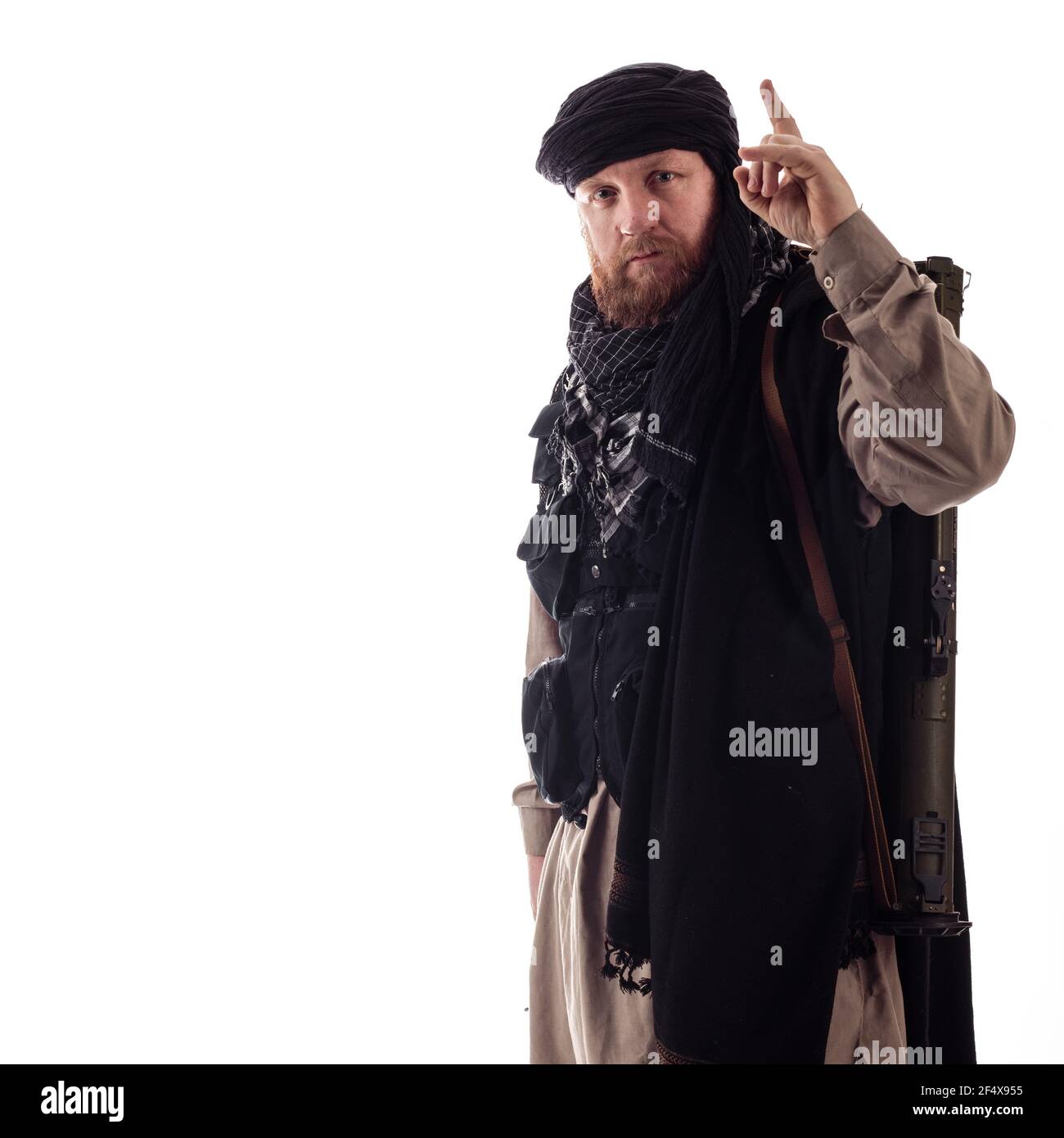 man in military outfit warrior Mujahedin in modern times on a white ...