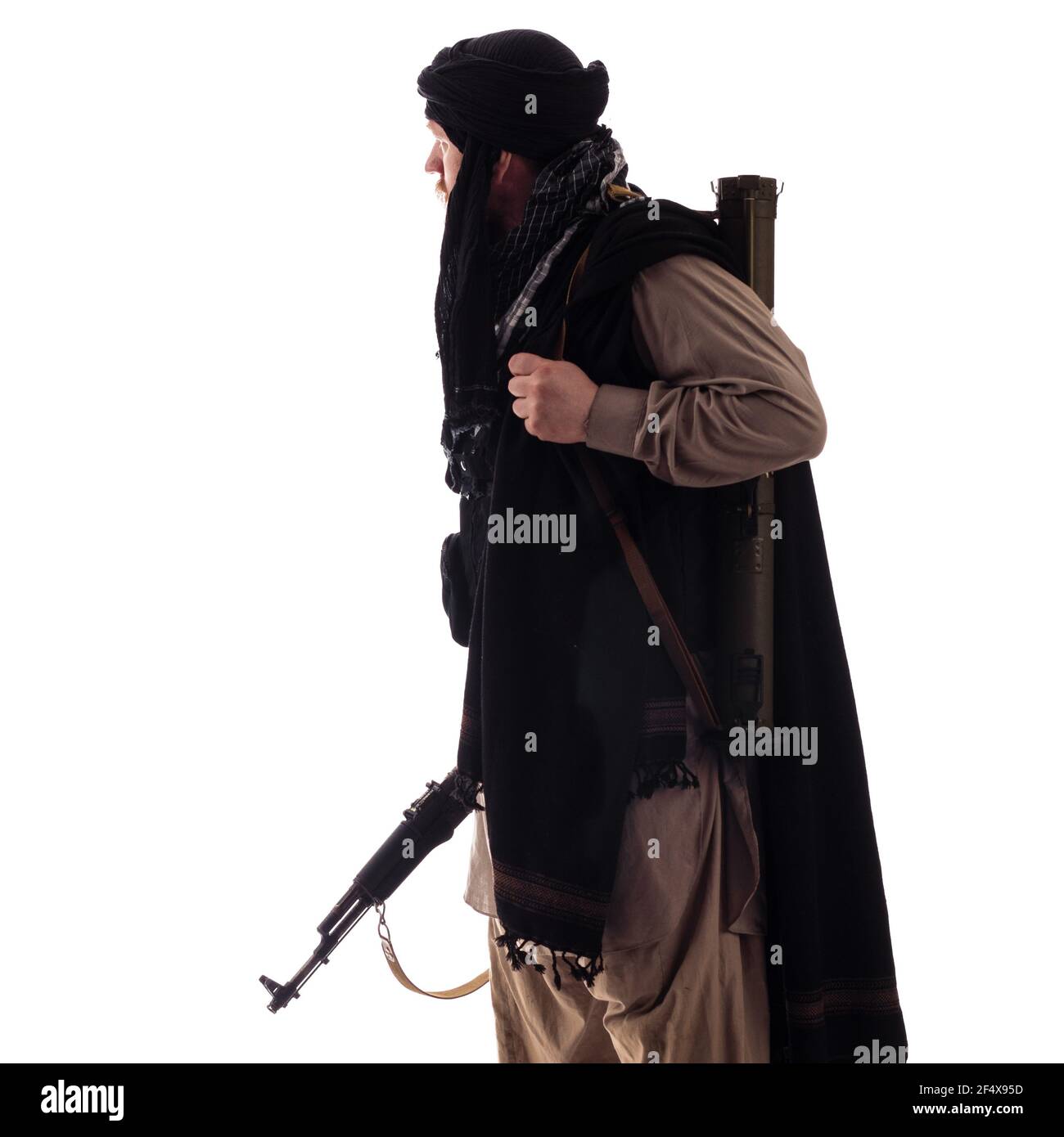 man in military outfit warrior Mujahedin in modern times on a white ...