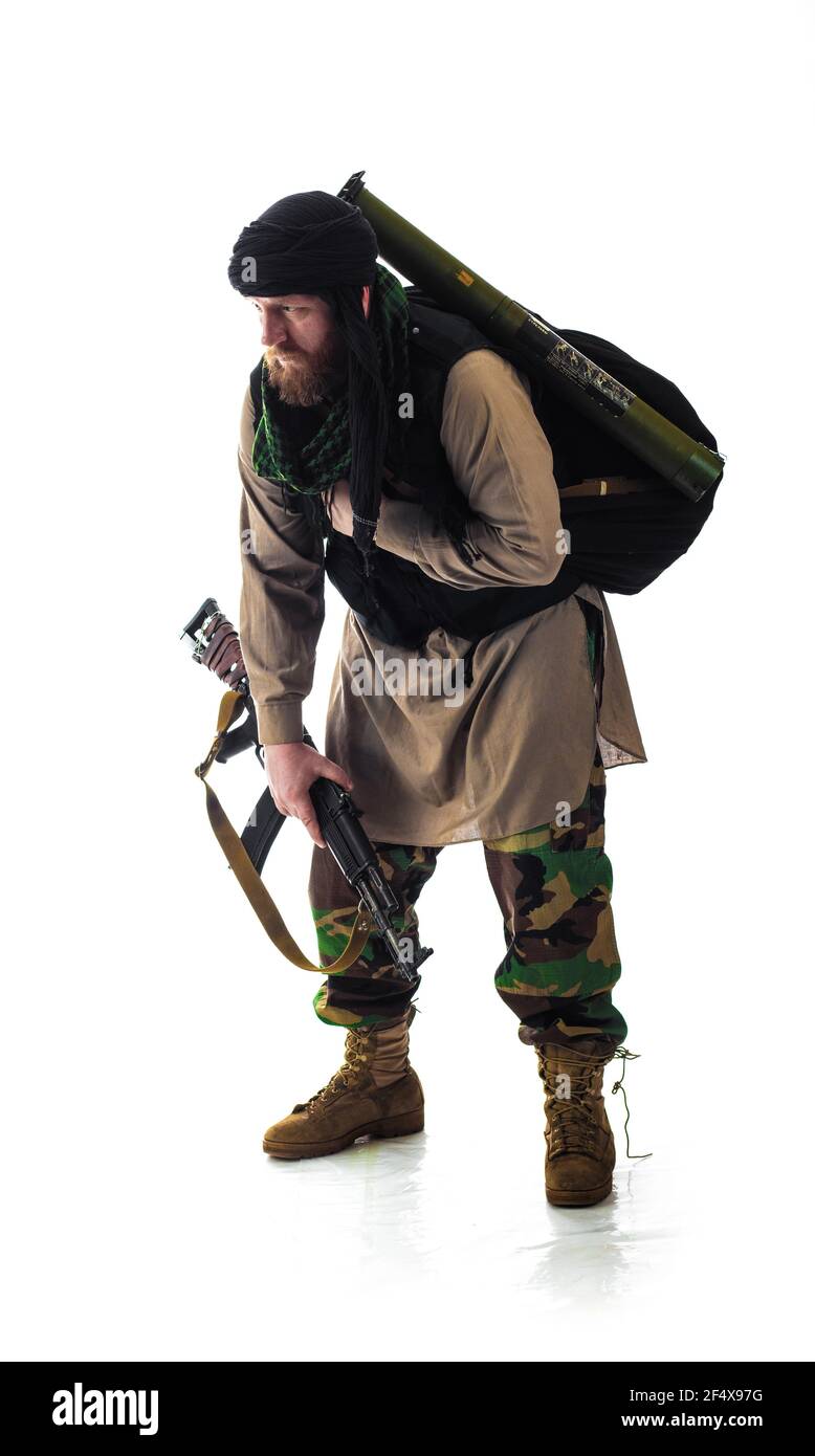 man in military outfit warrior Mujahedin in modern times on a white ...