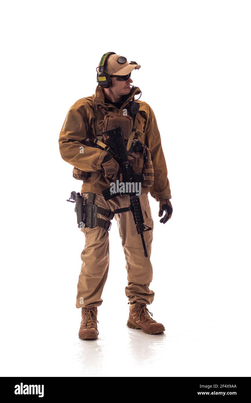 man military outfit a soldier in modern times on a white background in ...