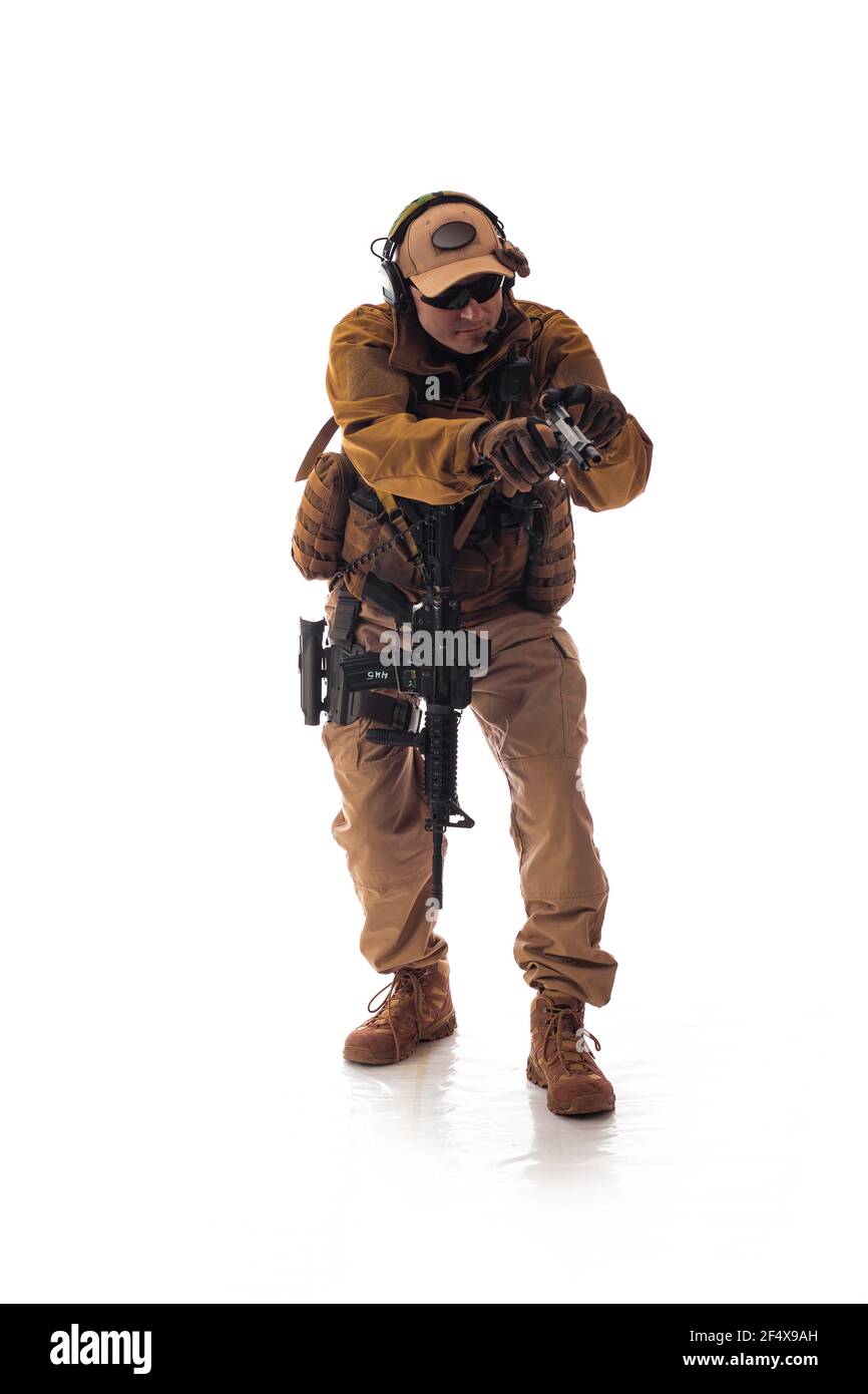 man military outfit a soldier in modern times on a white background in ...
