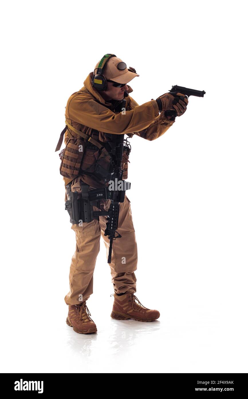 man military outfit a soldier in modern times on a white background in ...