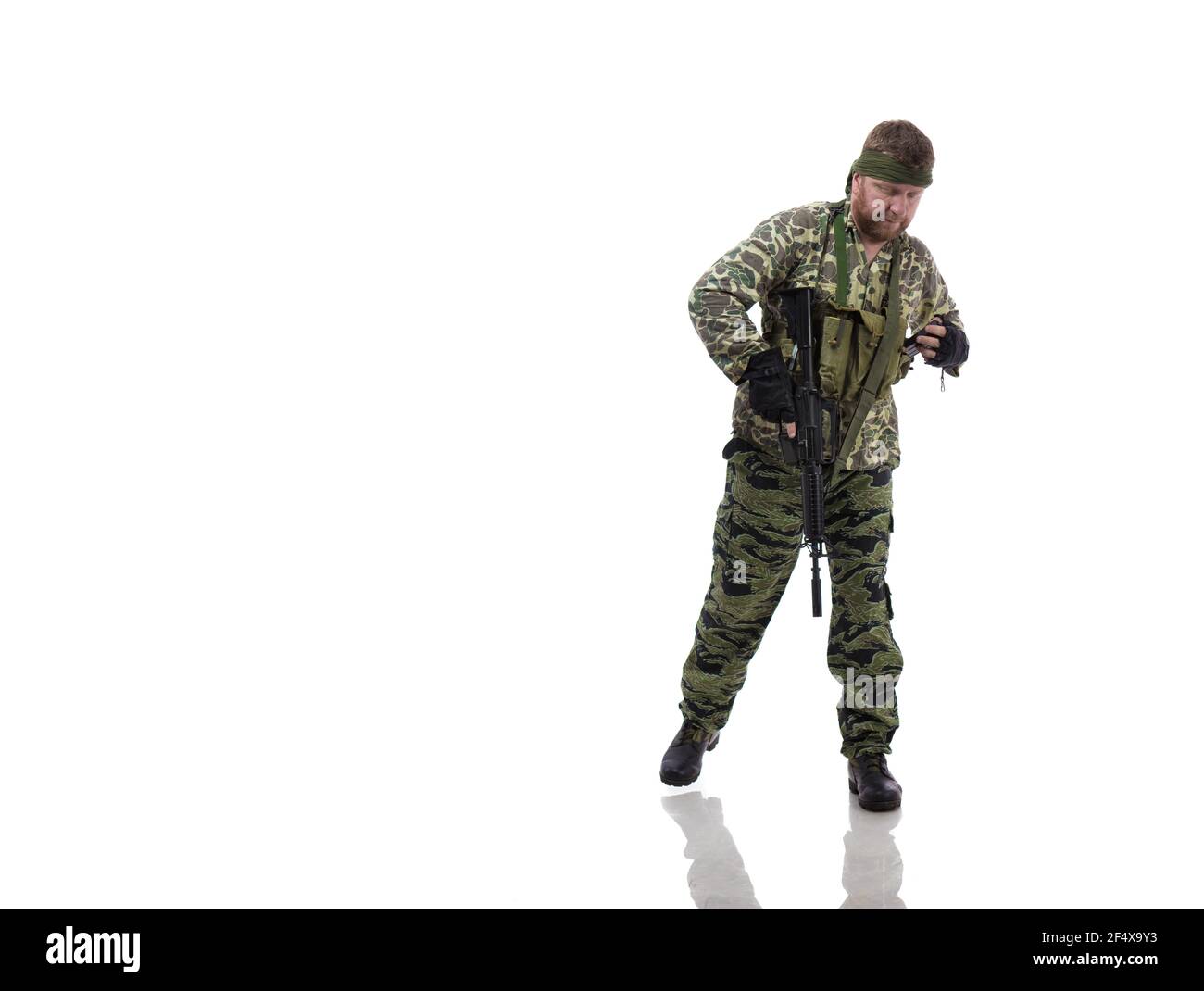 Man actor in the form of an American fur seal posing with a machine gun ...