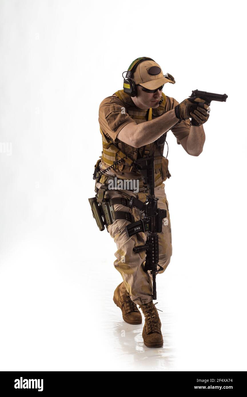 man military outfit a mercenary soldier in modern times on a white ...