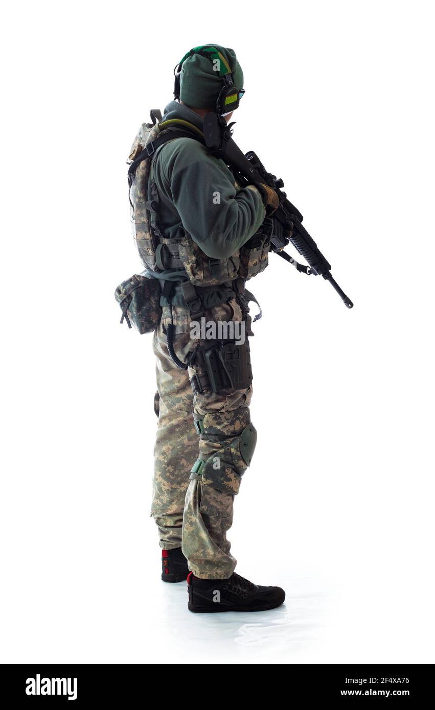 man military outfit a soldier in modern times on a white background in ...