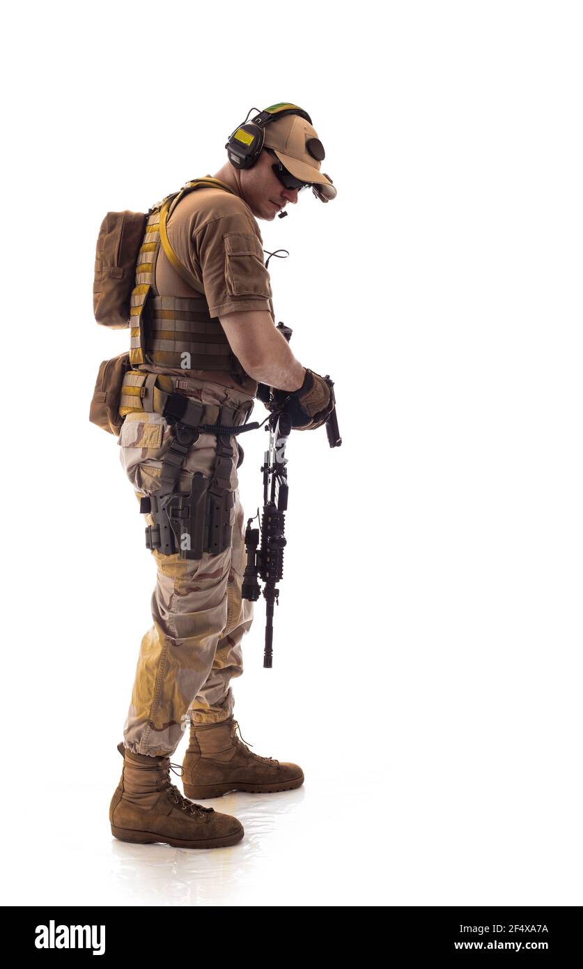 man military outfit a mercenary soldier in modern times on a white ...