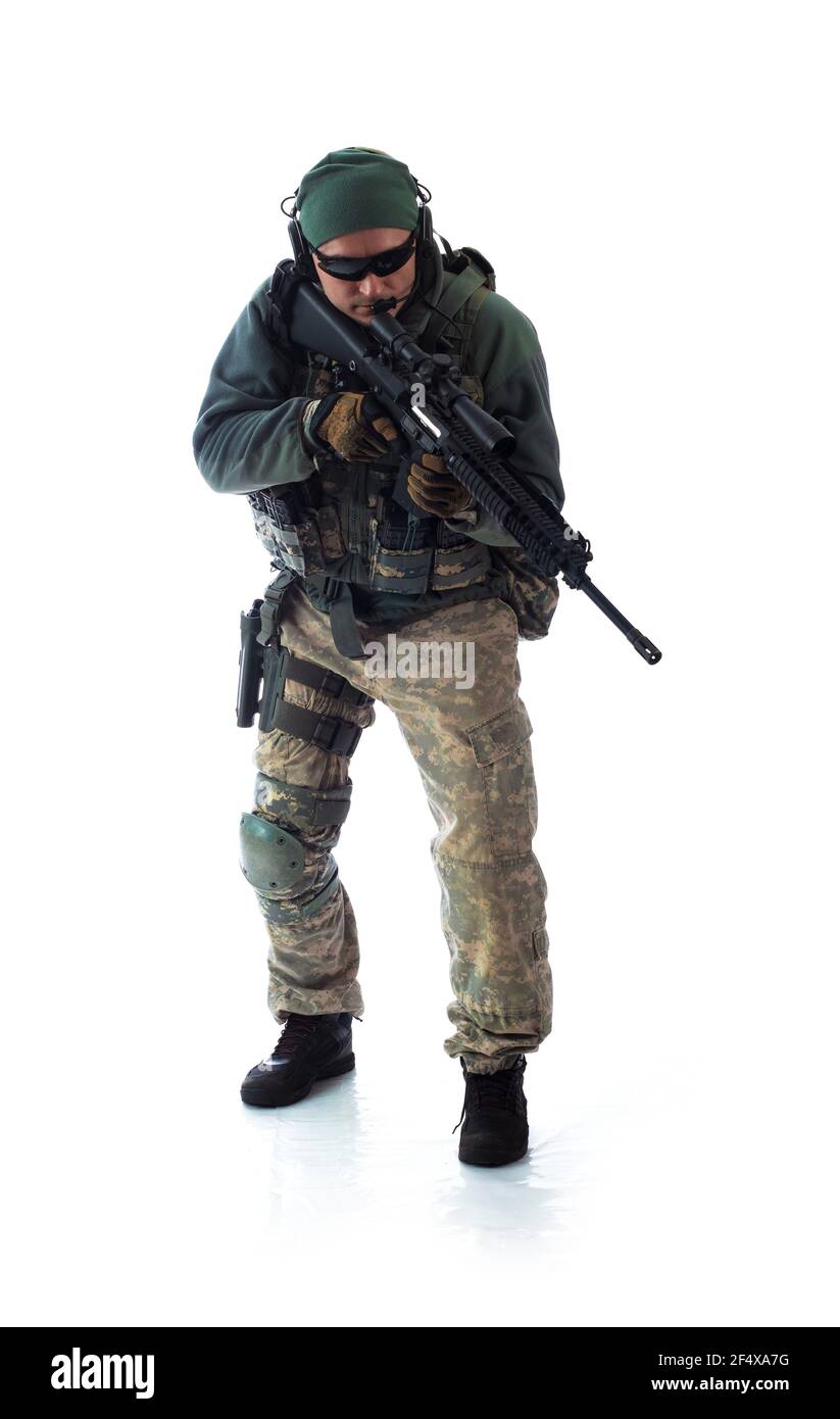 man military outfit a soldier in modern times on a white background in ...