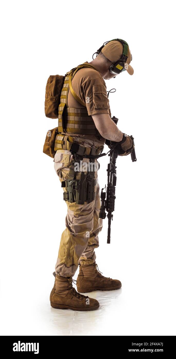 man military outfit a mercenary soldier in modern times on a white ...