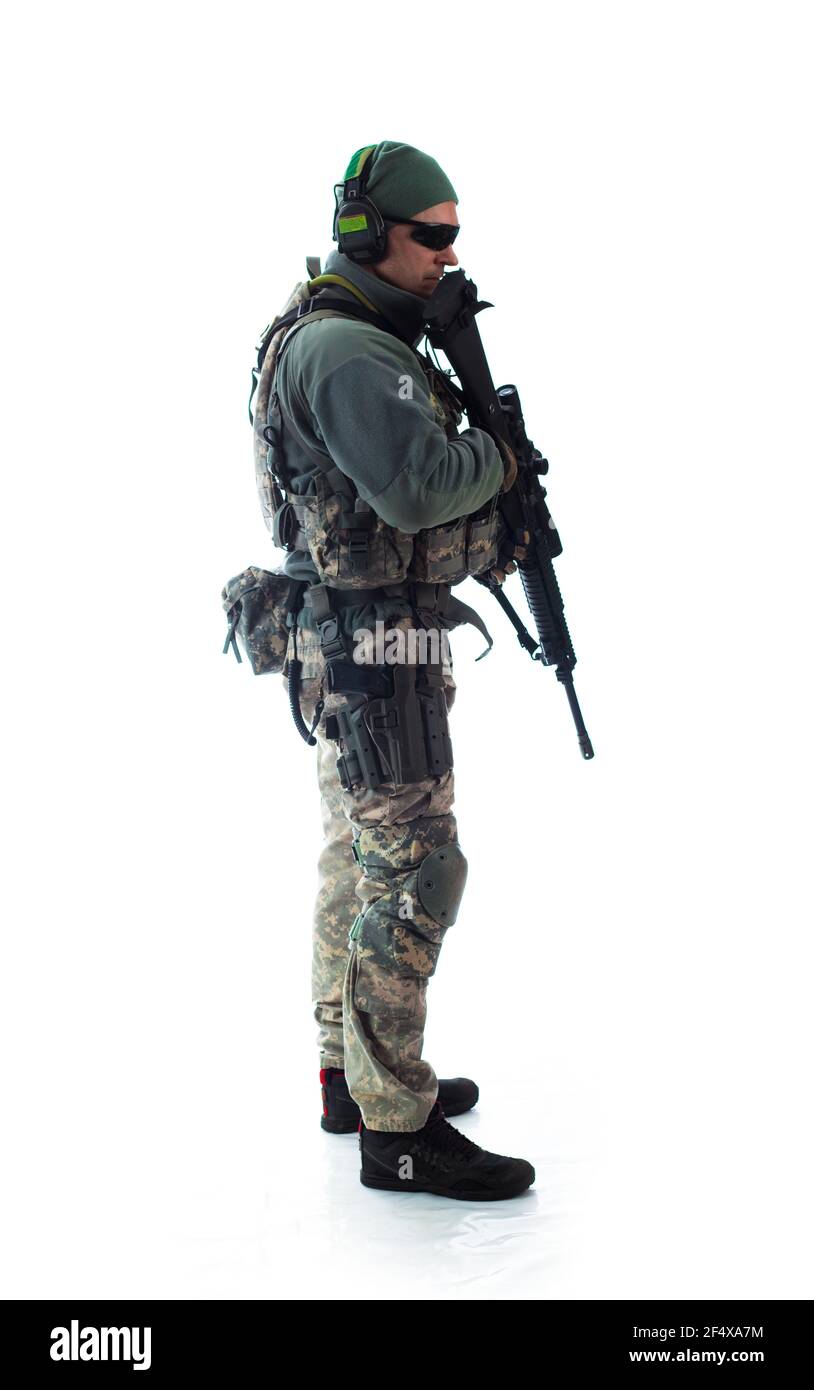 man military outfit a soldier in modern times on a white background in ...