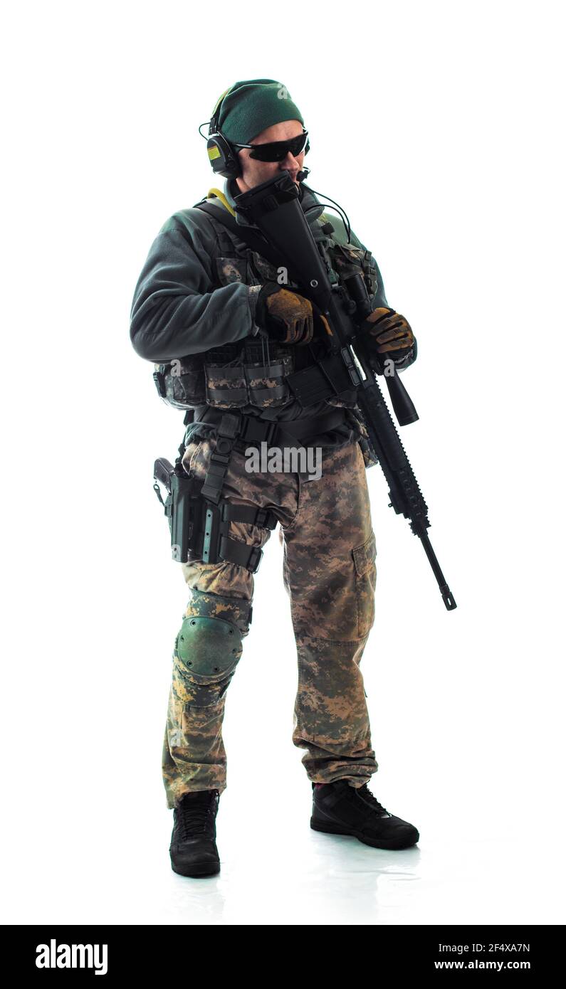 man military outfit a soldier in modern times on a white background in ...