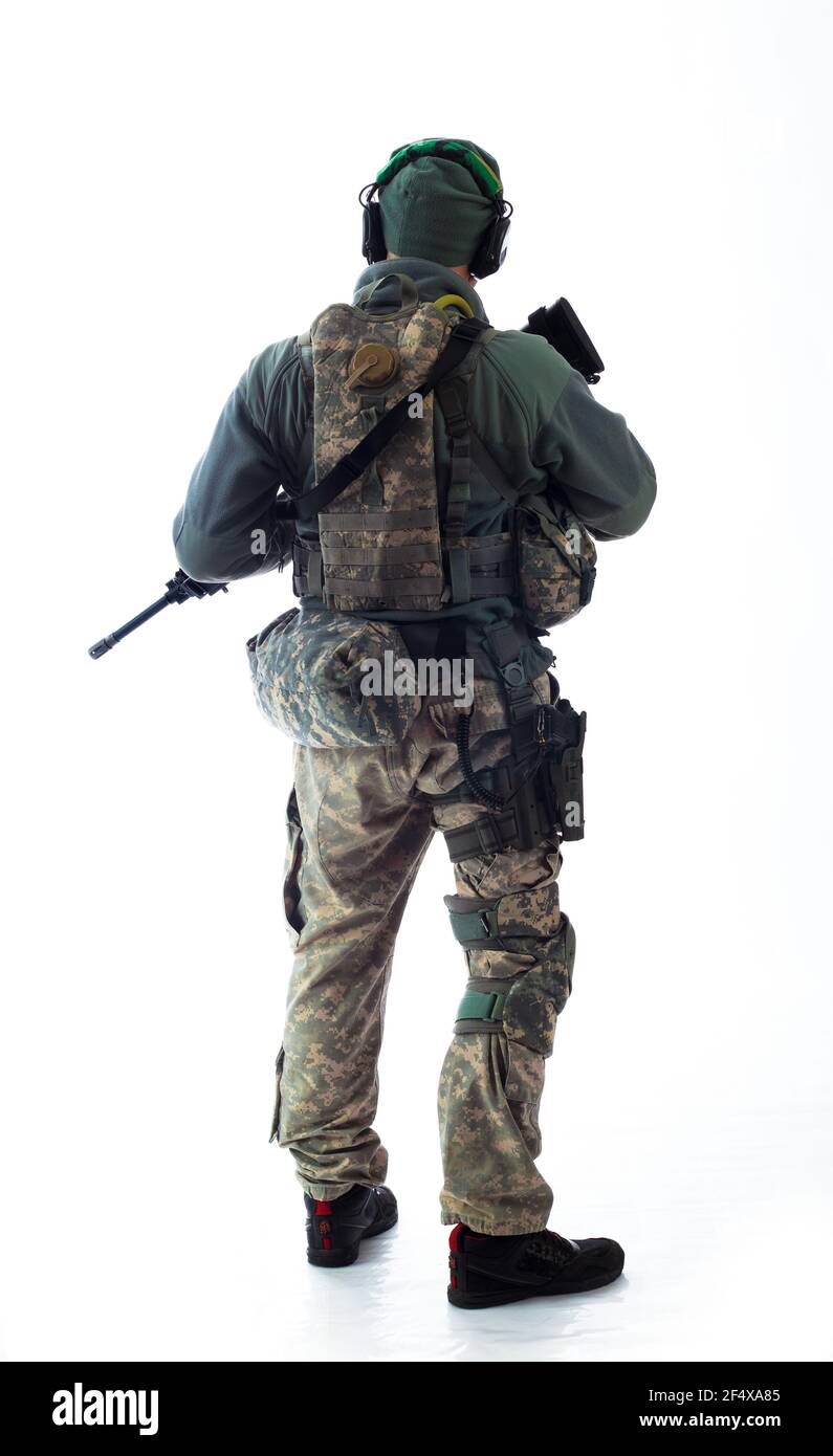 man military outfit a soldier in modern times on a white background in ...