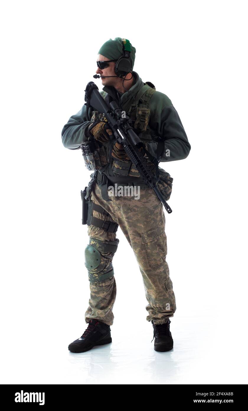 man military outfit a soldier in modern times on a white background in ...