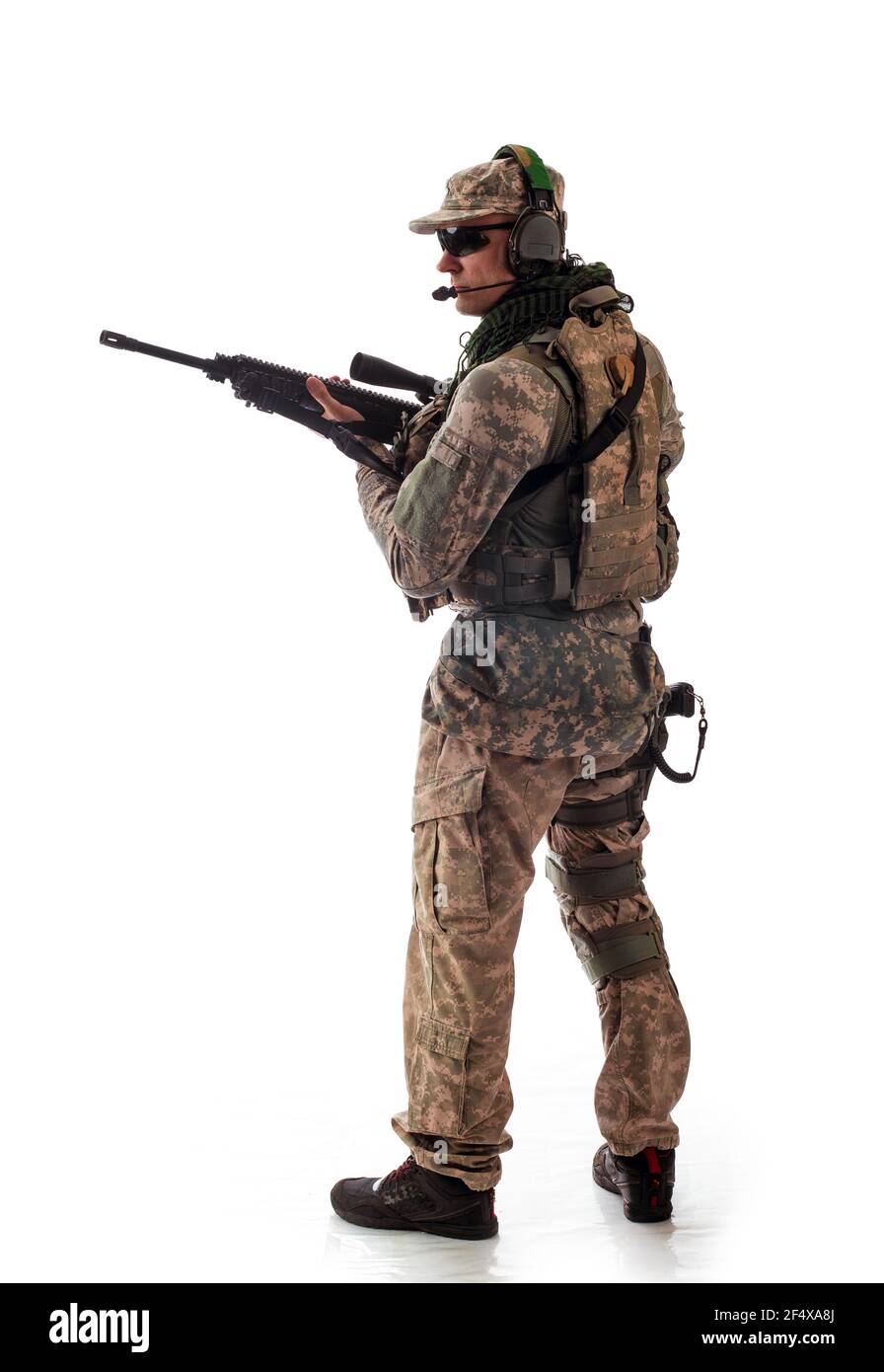 man military outfit a soldier in modern times on a white background in ...