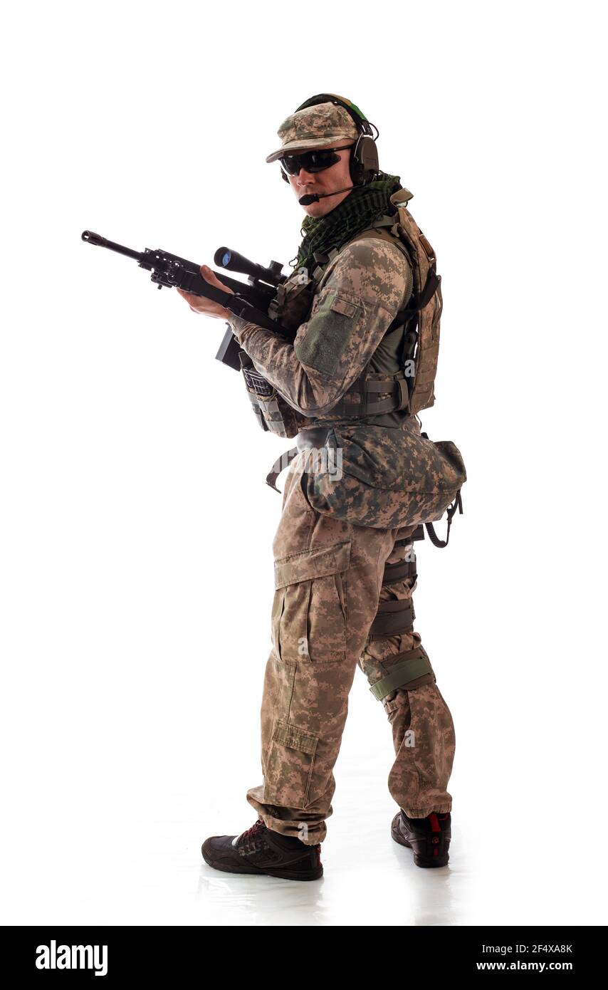man military outfit a soldier in modern times on a white background in ...
