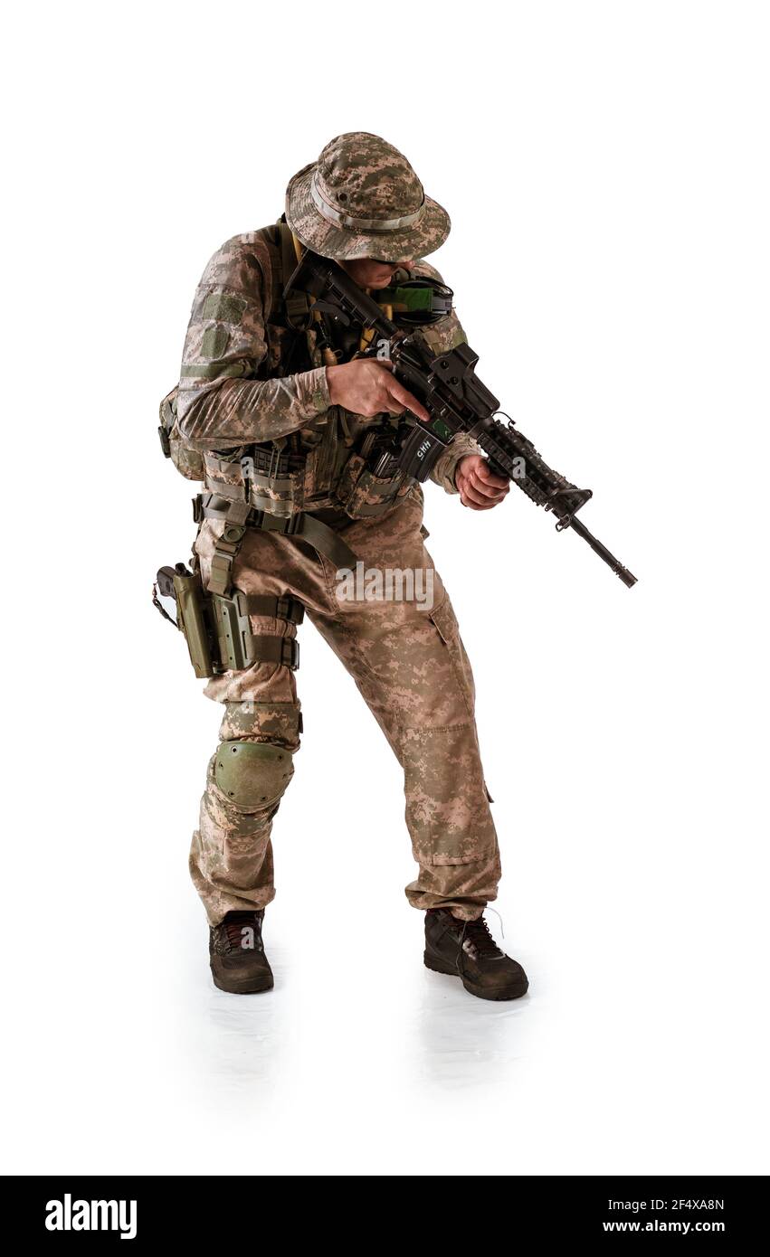 man in military outfit of the American trooper in modern times on a ...