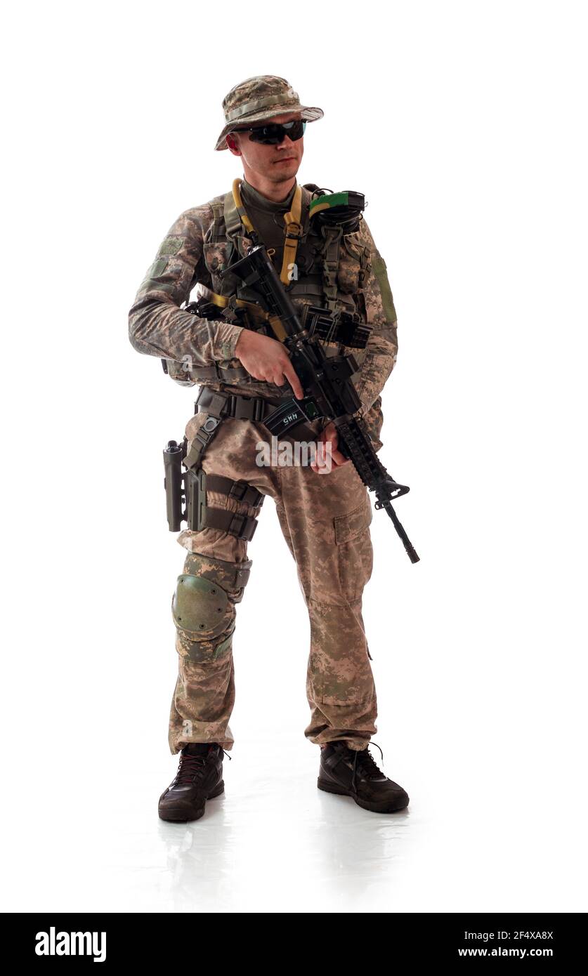 man in military outfit of the American trooper in modern times on a ...