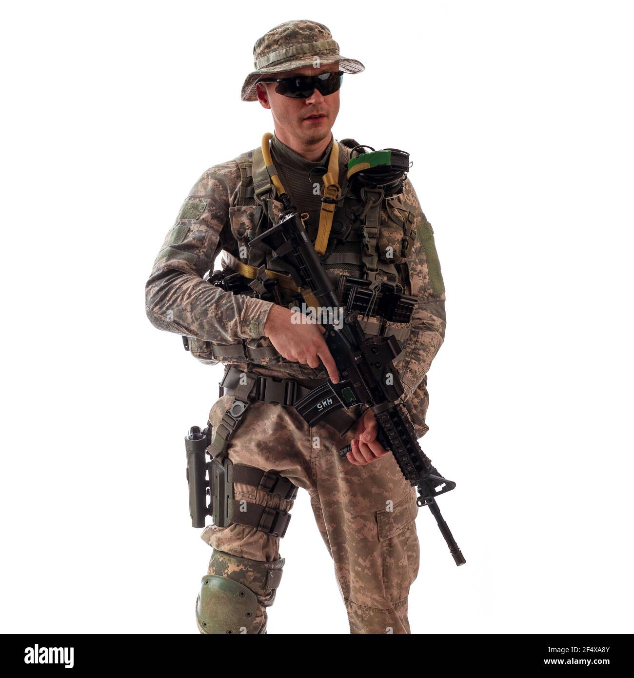 man in military outfit of the American trooper in modern times on a ...