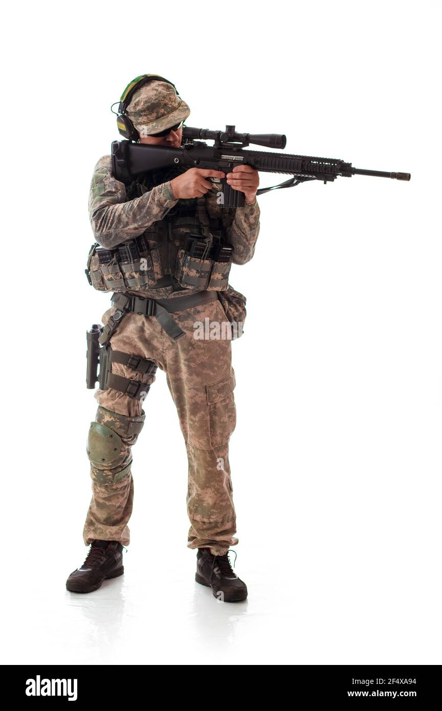 man military outfit a soldier in modern times on a white background in ...