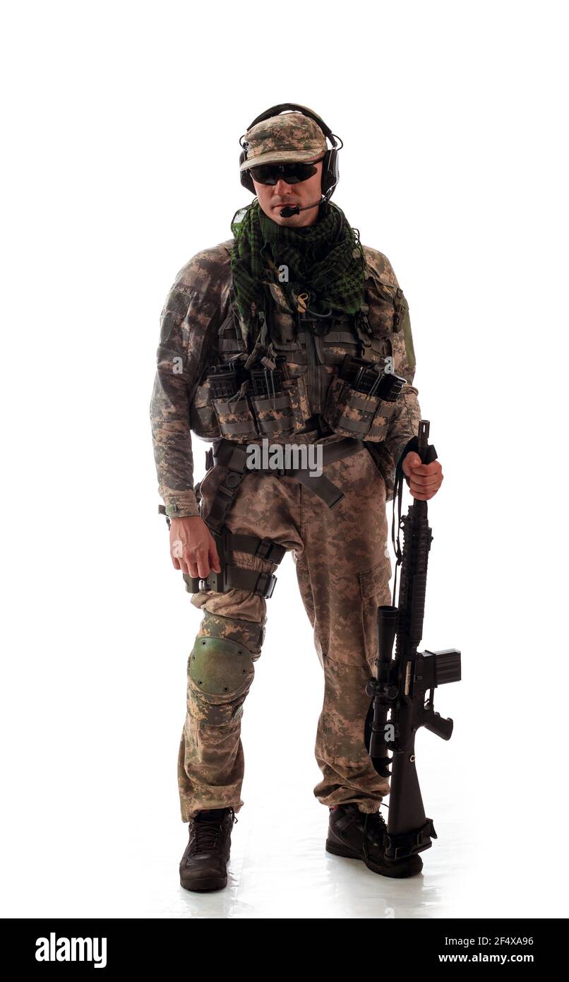 man military outfit a soldier in modern times on a white background in ...
