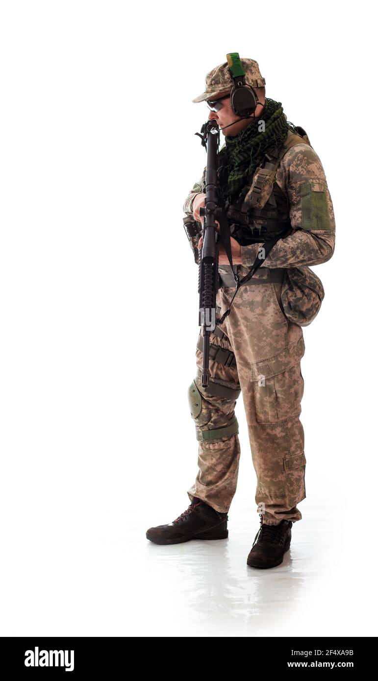 man military outfit a soldier in modern times on a white background in ...
